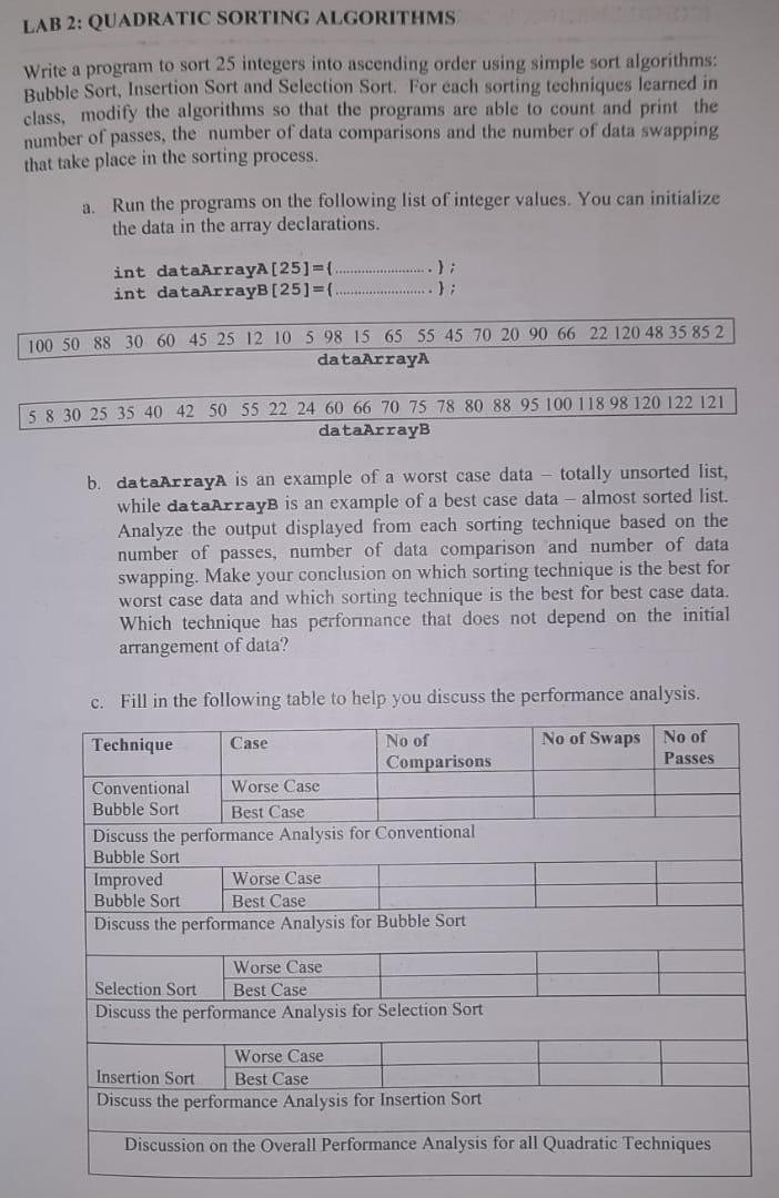 Solved LAB 2: QUADRATIC SORTING ALGORITHMS Write a program | Chegg.com Solved LAB 2: QUADRATIC SORTING ALGORITHMS Write a program | Chegg.com