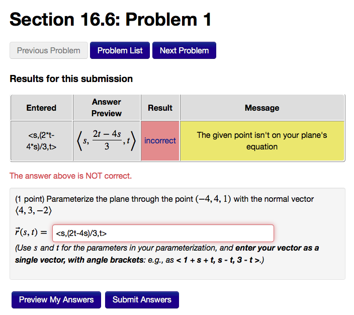 Solved (1 point) Parameterize the plane through the point | Chegg.com