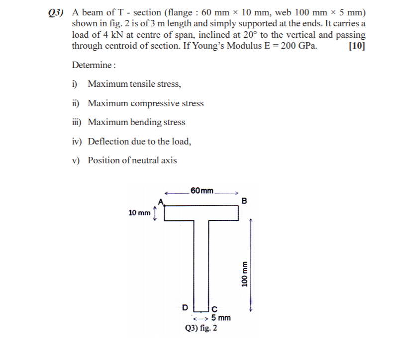 Solved 3) A beam of T - section (flange 60 mm x 10 mm, web | Chegg.com