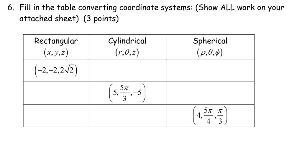 Solved 6. Fill in the table converting coordinate systems: | Chegg.com