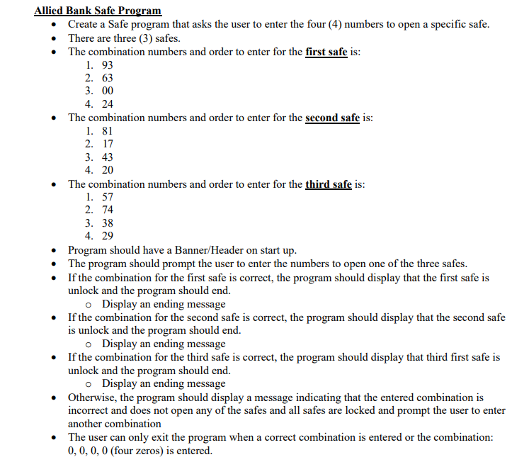 Solved Allied Bank Safe Program - Create a Safe program that | Chegg.com