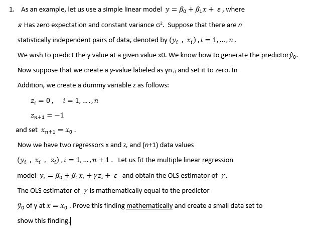 Solved 1. As an example, let us use a simple linear model y | Chegg.com