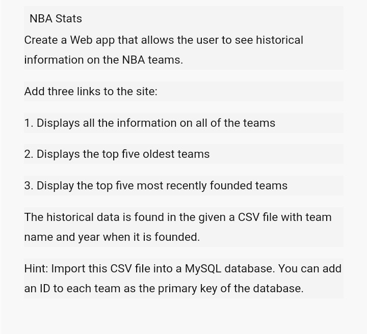 Solved NBA Stats Create a Web app that allows the user to | Chegg.com