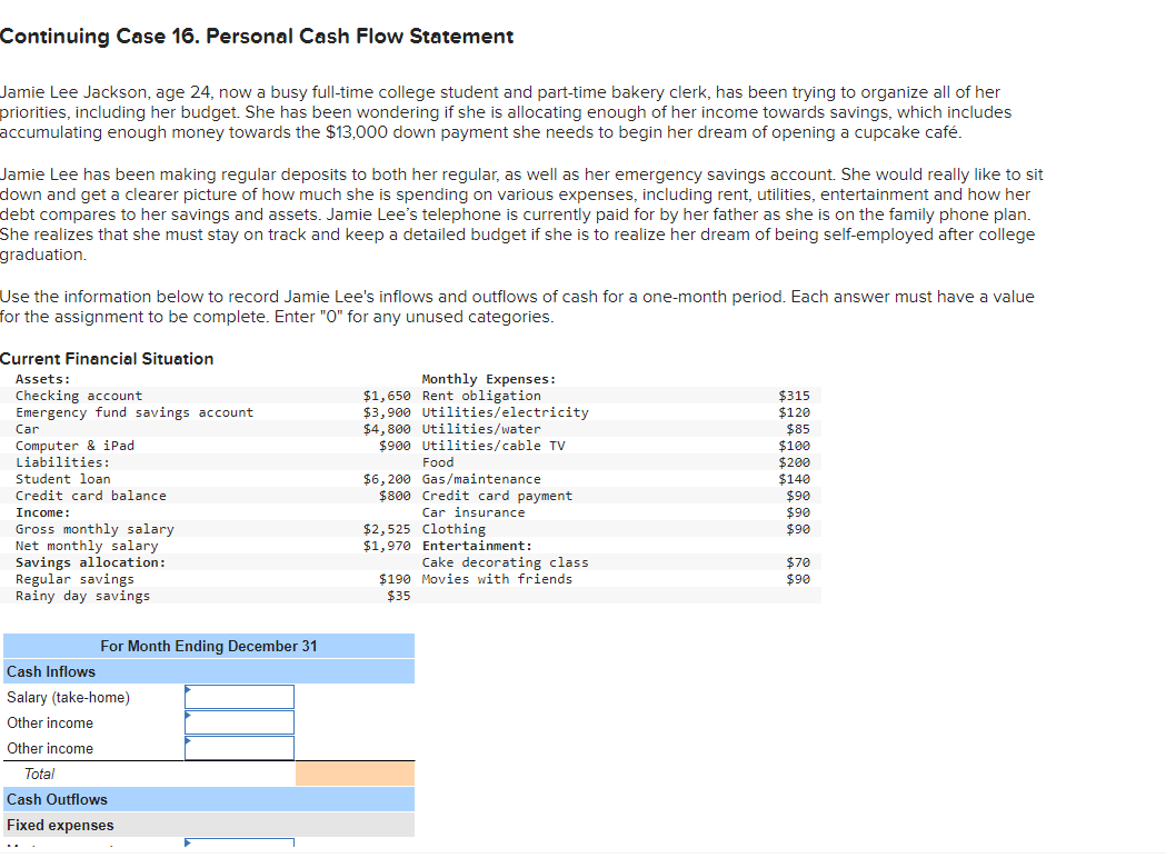 Solved Continuing Case 16. Personal Cash Flow Statement | Chegg.com