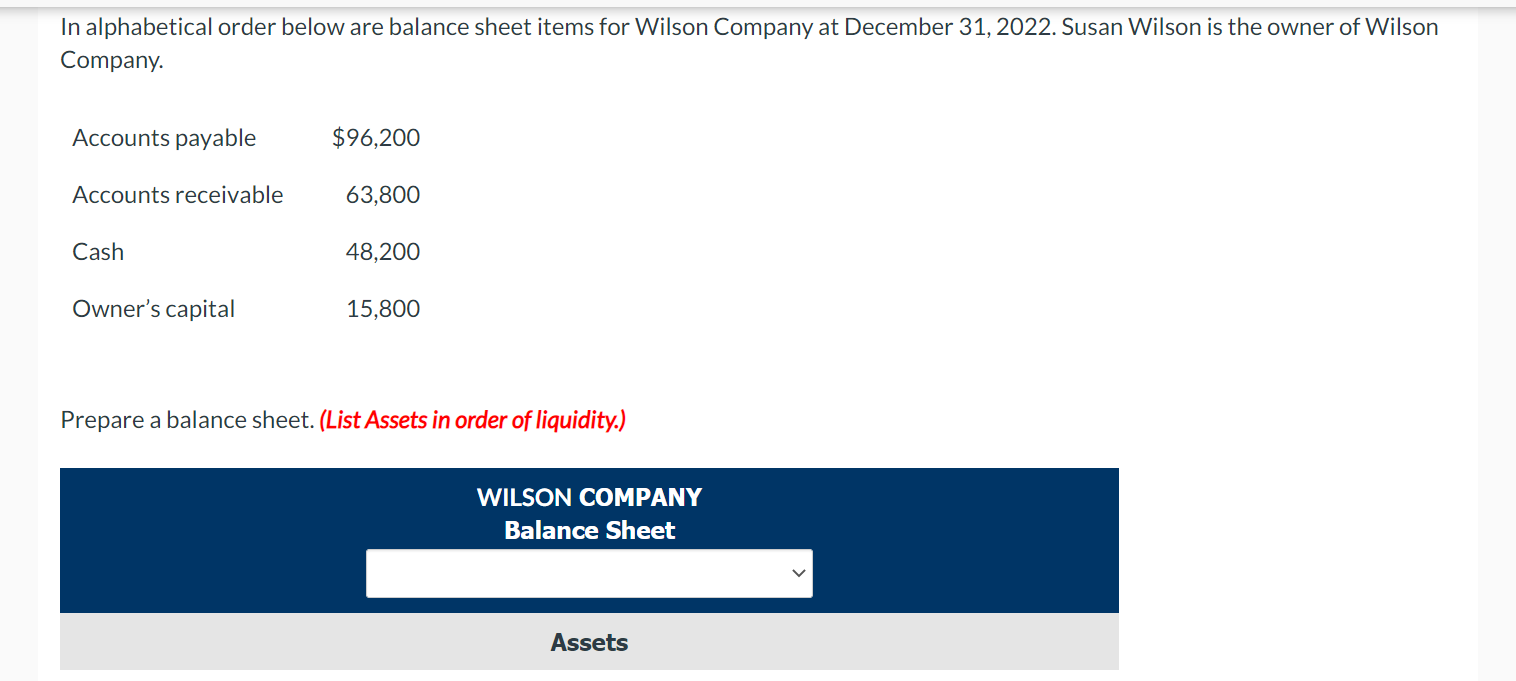 Solved In alphabetical order below are balance sheet items | Chegg.com