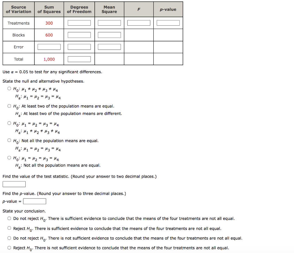 Solved p - Source of Variation Sum of Squares Degrees of | Chegg.com