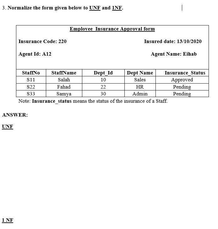 Solved 3. Normalize the form given below to UNF and 1NF. | Chegg.com