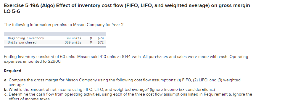 Solved Exercise 5-19A (Algo) Effect of inventory cost flow | Chegg.com