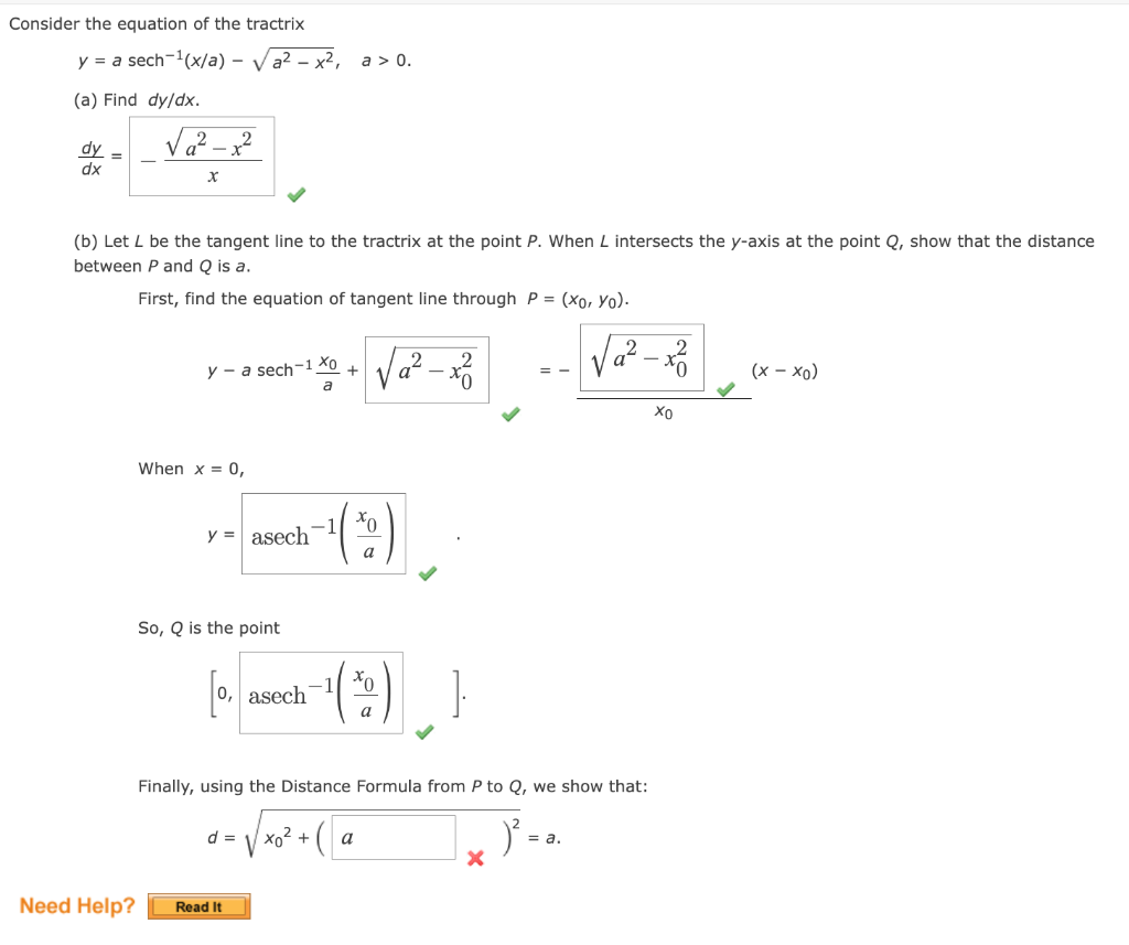 Solved Consider the equation of the tractrix y = a | Chegg.com