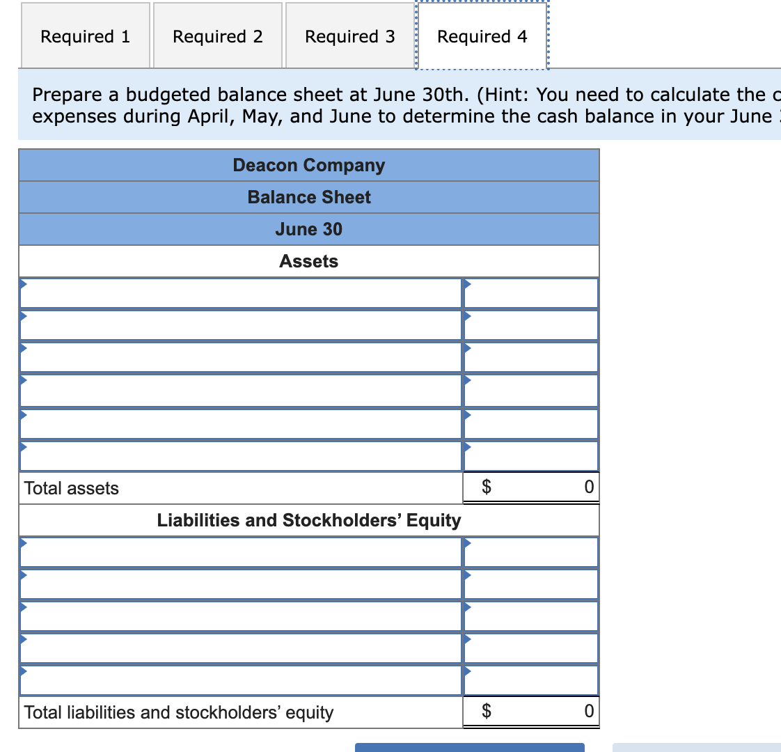 Solved Prepare a budgeted balance sheet at June 30th. (Hint: | Chegg.com