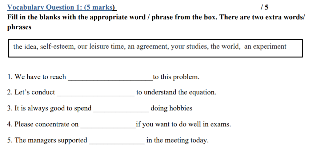Solved Vocabulary Question 1: (5 marks) 75 Fill in the | Chegg.com