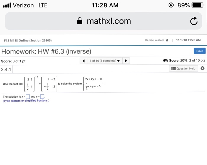 Solved .il Verizon LTE 11:28 AM 89% a mathxl.com F18 M118 | Chegg.com