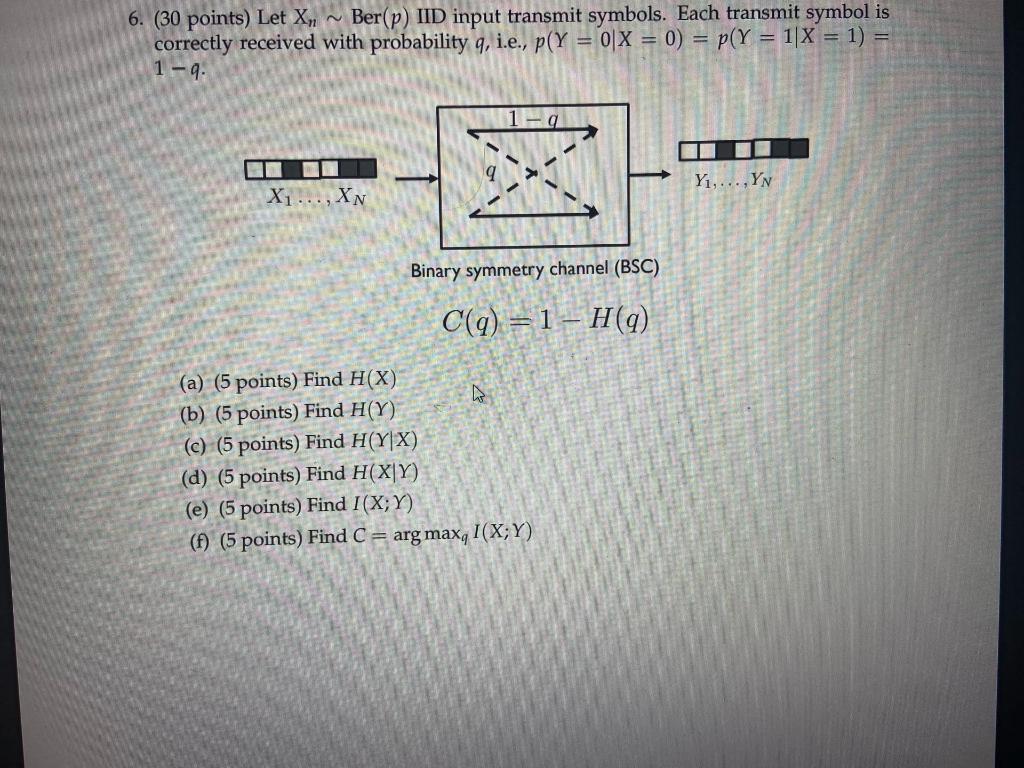 Solved 6. ( 30 points) Let Xn∼Ber(p) IID input transmit | Chegg.com