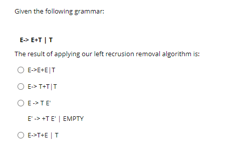 Solved Given the following grammar: E-> E+TT The result of | Chegg.com