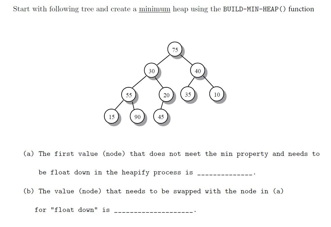 Solved Start with following tree and create a minimum heap | Chegg.com