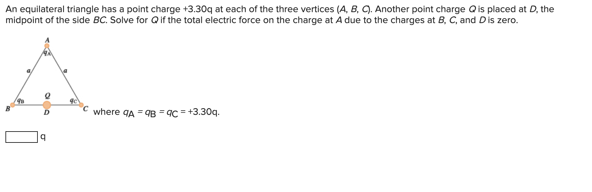 Solved An equilateral triangle has a point charge +3.30q at | Chegg.com