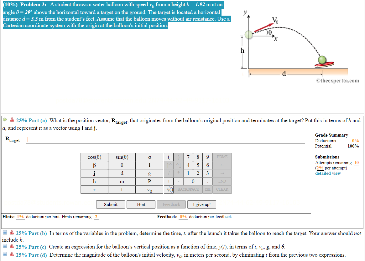 Solved (10%) Problem 3: A student throws a water balloon | Chegg.com