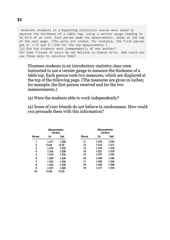 Solved 2 $2 Nineteen students in a beginning statistics | Chegg.com