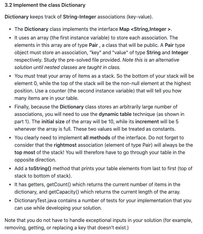Solved 3.2 Implement the class Dictionary Dictionary keeps | Chegg.com