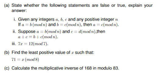 Solved d) Calculate the inverse of 4 modulo 15. Show your | Chegg.com