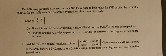 Solved The following problems have you do some SVD's by hand | Chegg.com