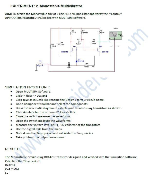 EXPERIMENT: 2. Monostable Multivibrator. AIM: To | Chegg.com
