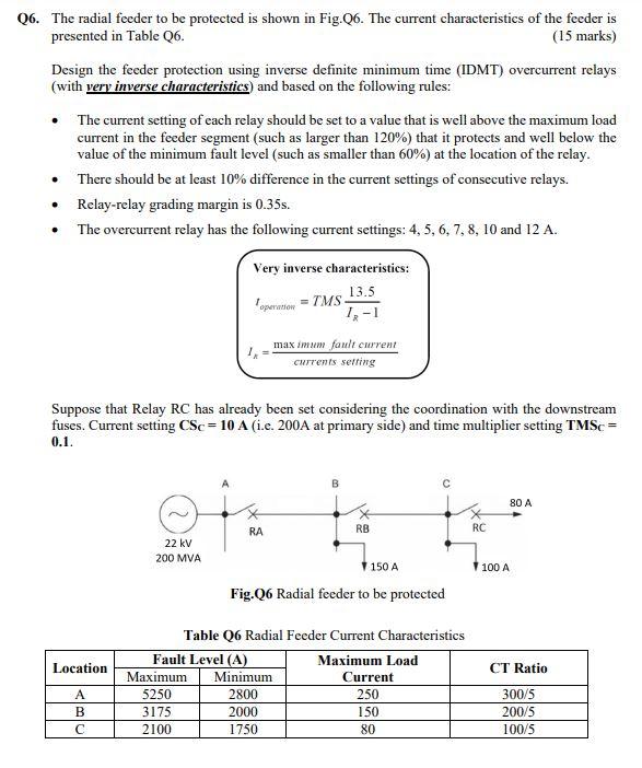 Solved Q6. The radial feeder to be protected is shown in | Chegg.com