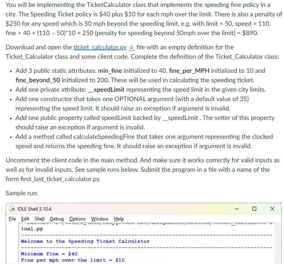 Solved You will be implementing the TicketCalculator class | Chegg.com
