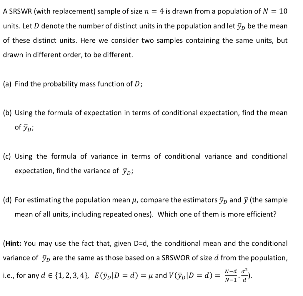 Solved A SRSWR (with replacement) sample of size n = 4 is | Chegg.com
