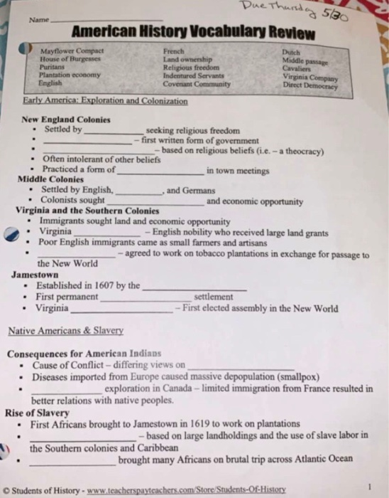 Due Thund Name American History Vocabulary Review | Chegg.com