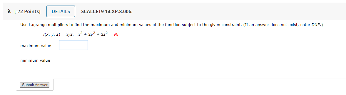 Solved [-/2 Points] SCALCET9 14.XP.8.006. Use Lagrange | Chegg.com