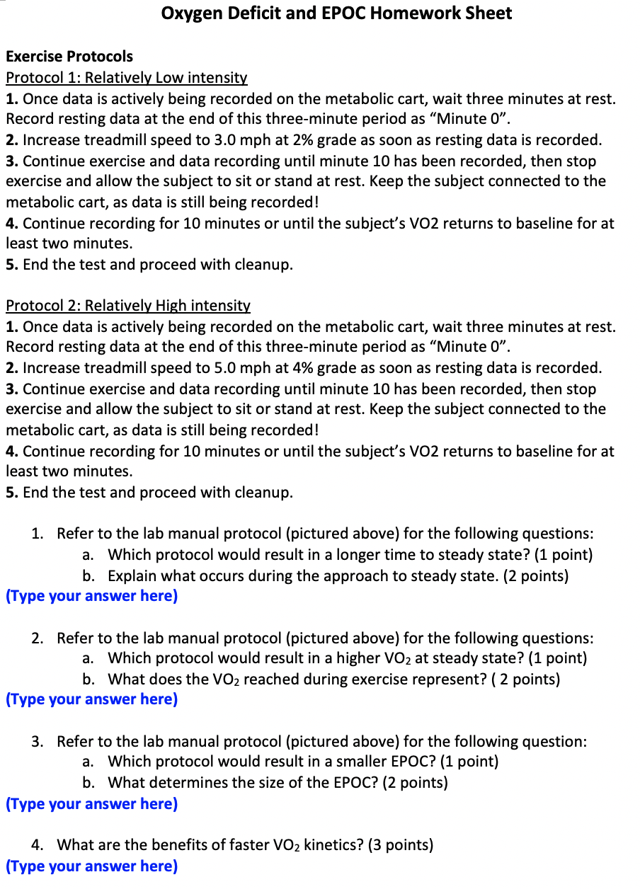 Solved Oxygen Deficit and EPOC Homework Sheet Exercise | Chegg.com