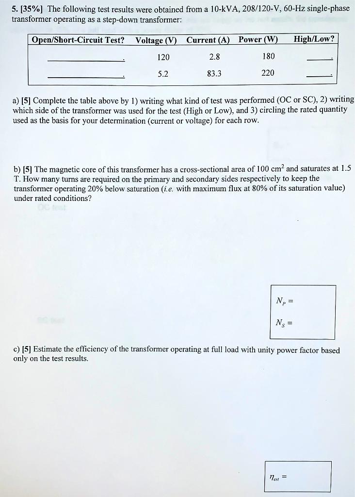 Solved 5. [35\%] The following test results were obtained | Chegg.com