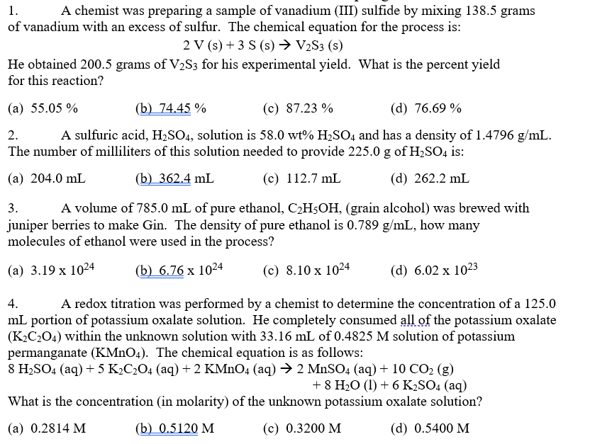 Solved 1. A chemist was preparing a sample of vanadium (III) | Chegg.com