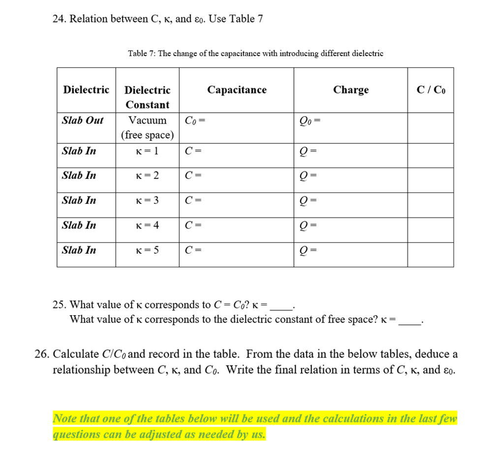 24. Relation between C, K, and εo. Use Table 7 Table | Chegg.com