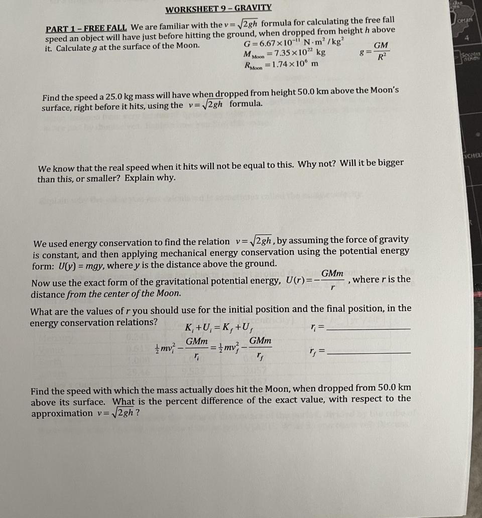 Solved Down WORKSHEET 9 - GRAVITY PART 1 - FREE FALL We are | Chegg.com