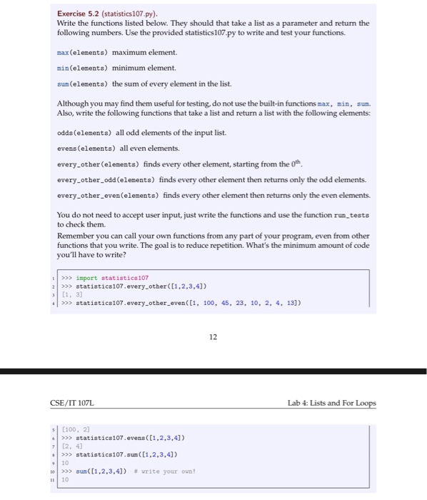 Solved Exercise 5.2 (statistics107.py). Write the functions | Chegg.com