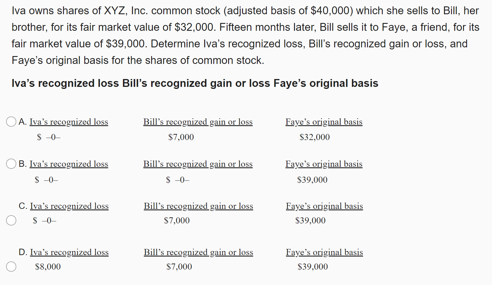 Solved Iva owns shares of XYZ, Inc. common stock (adjusted | Chegg.com
