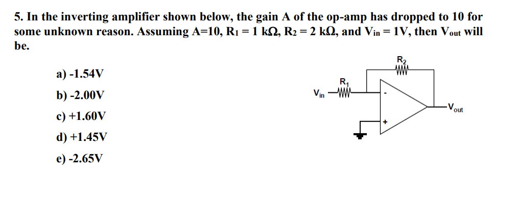Solved 5. In the inverting amplifier shown below, the gain A | Chegg.com