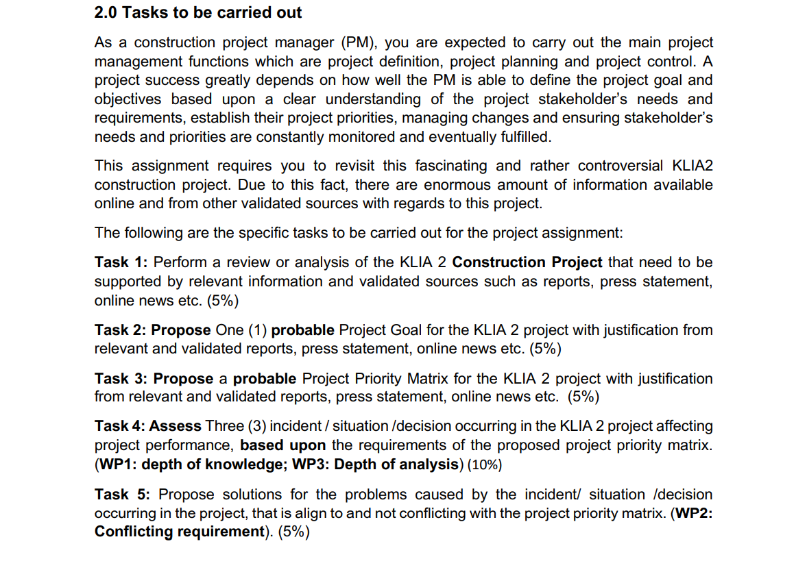 2.0 Tasks to be carried out As a construction project | Chegg.com