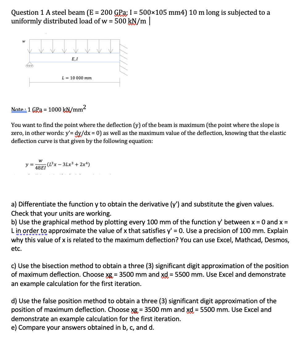 Solved Question 1 A steel beam ( =200GPa;I=500×105 mm4)10 m | Chegg.com