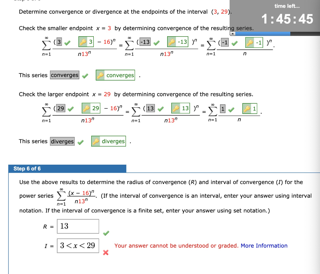 Solved time left... Determine convergence or divergence at | Chegg.com
