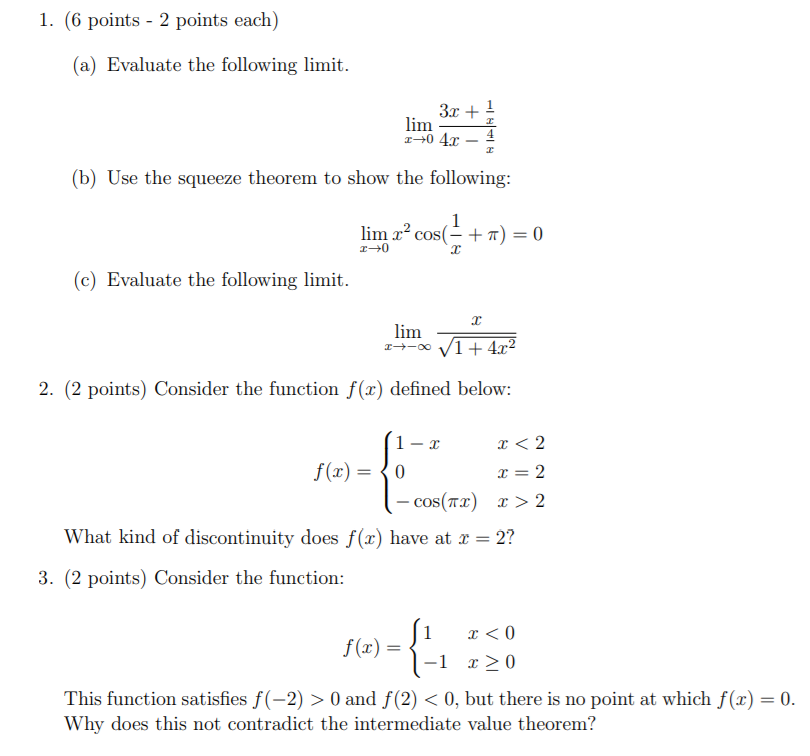 Solved 1. (6 points - 2 points each) (a) Evaluate the | Chegg.com