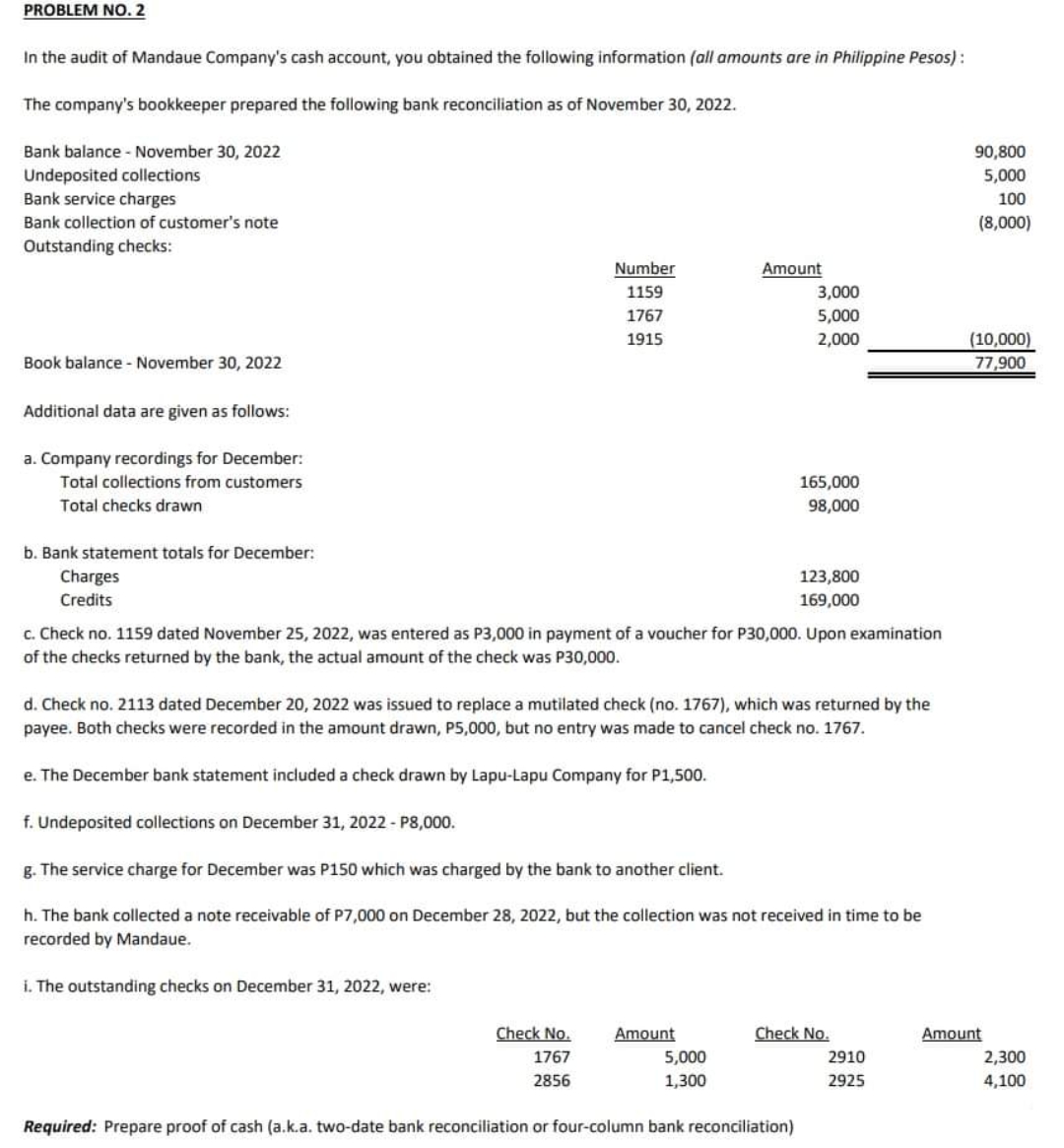Solved PROBLEM NO. 2 In the audit of Mandaue Company's cash | Chegg.com