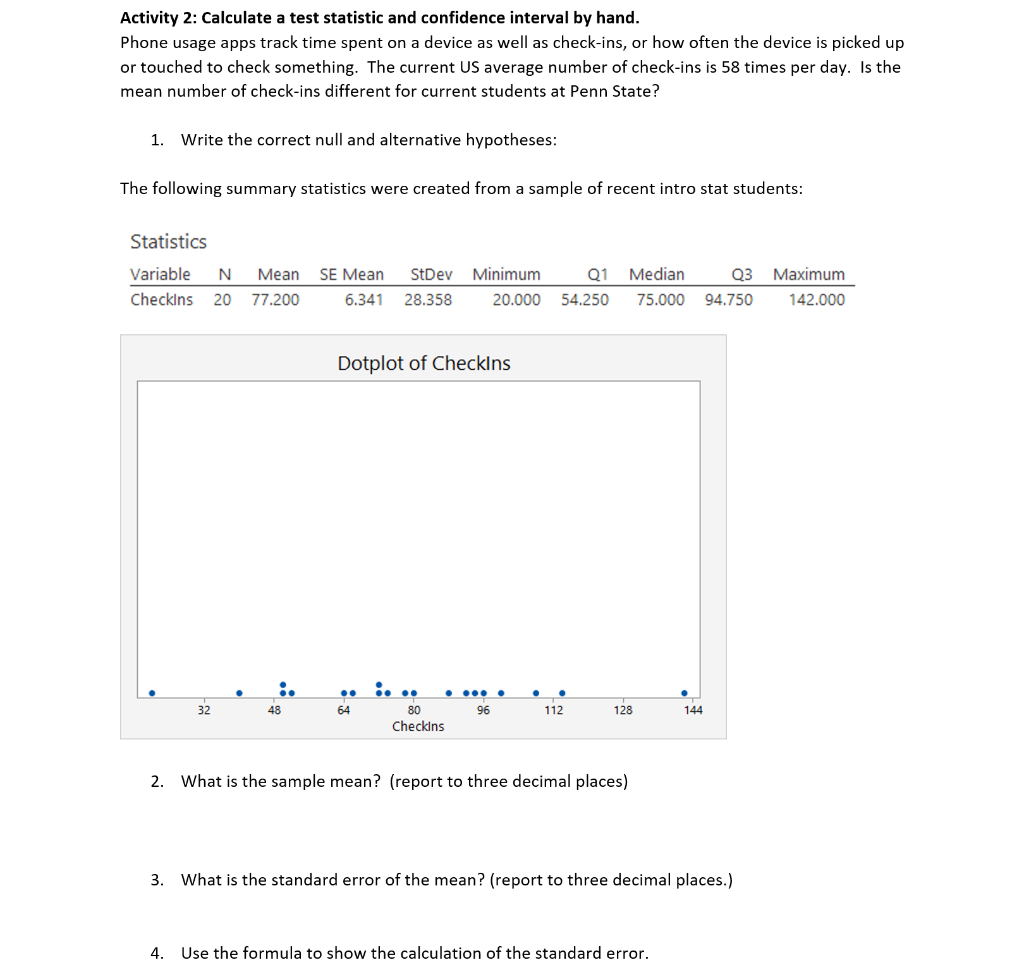 Solved Activity 2: Calculate a test statistic and confidence | Chegg.com