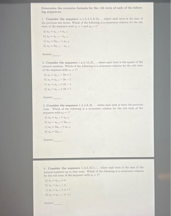 Solved Determine the recursive formula for the nth term of | Chegg.com