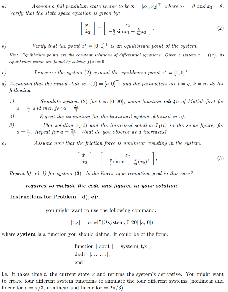 Solved Linearization and Simulation Consider the pendulum | Chegg.com