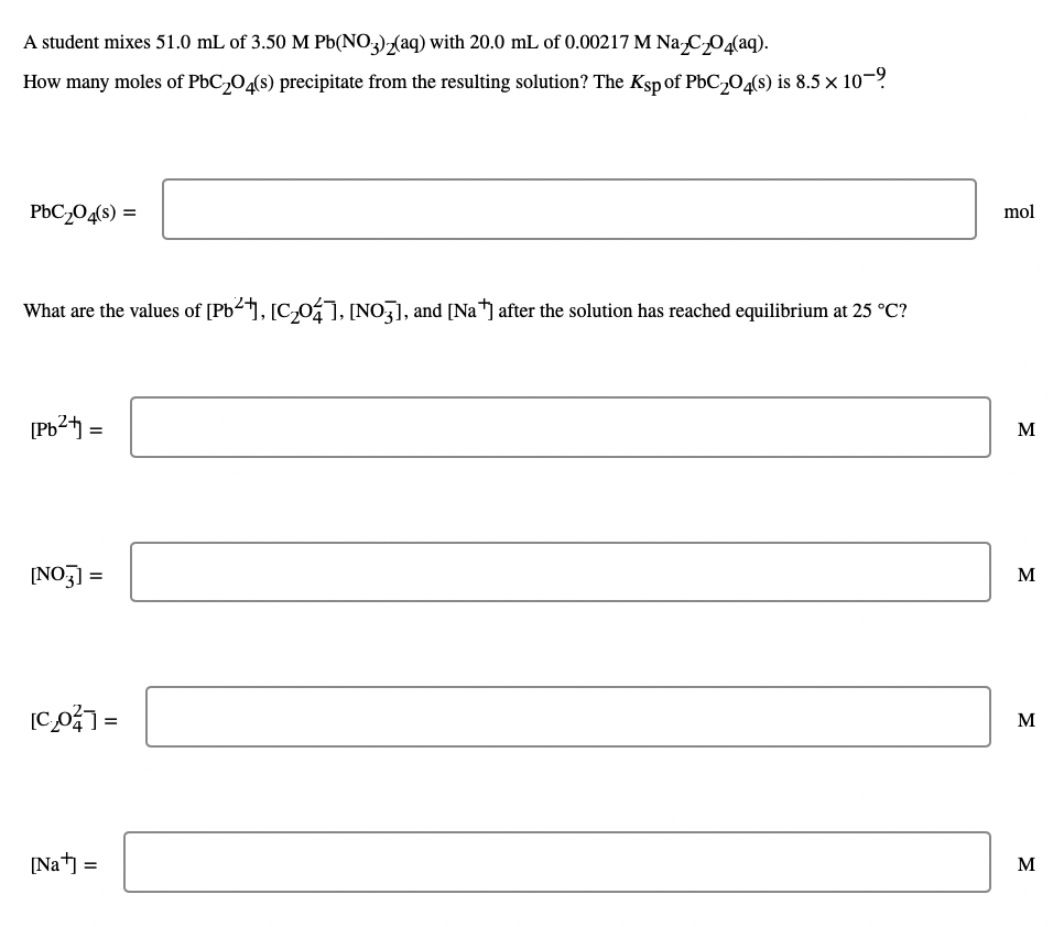 Solved A student mixes 51.0 mL of 3.50 M Pb(NO3)2(aq) Pb ( | Chegg.com