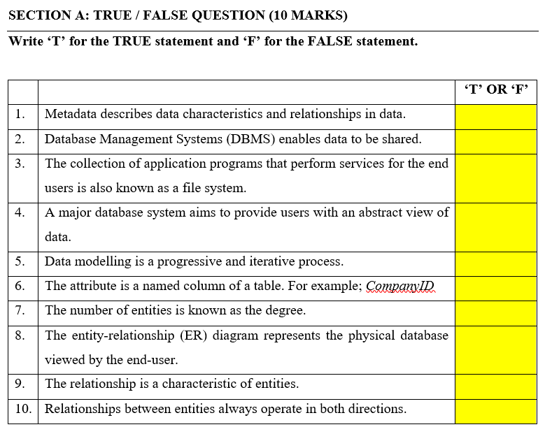 Solved SECTION A: TRUE / FALSE QUESTION (10 MARKS) Write ' T | Chegg.com