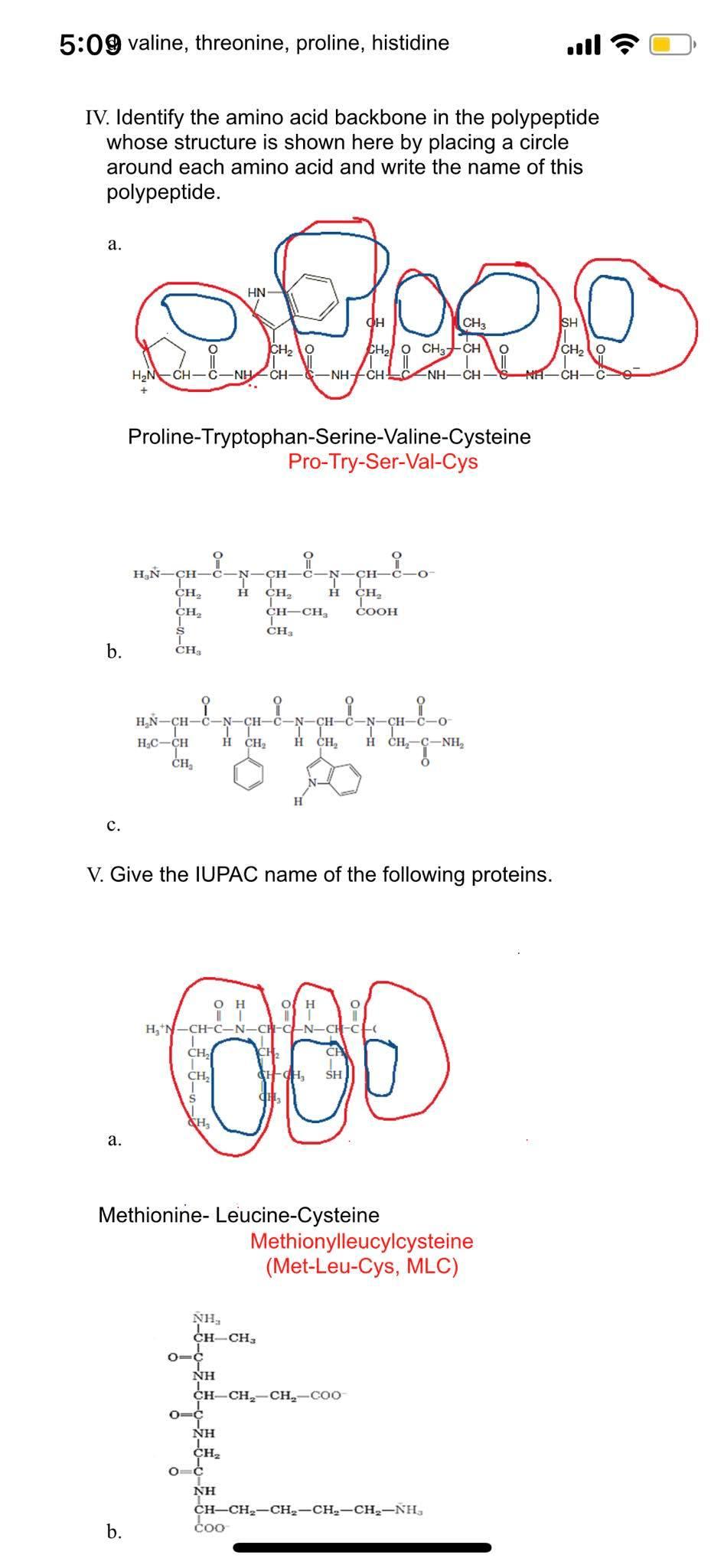 5:09 valine, threonine, proline, histidine IV. | Chegg.com